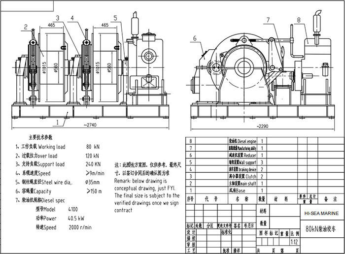 80kN Marine Double Drum Diesel Mooring Winch