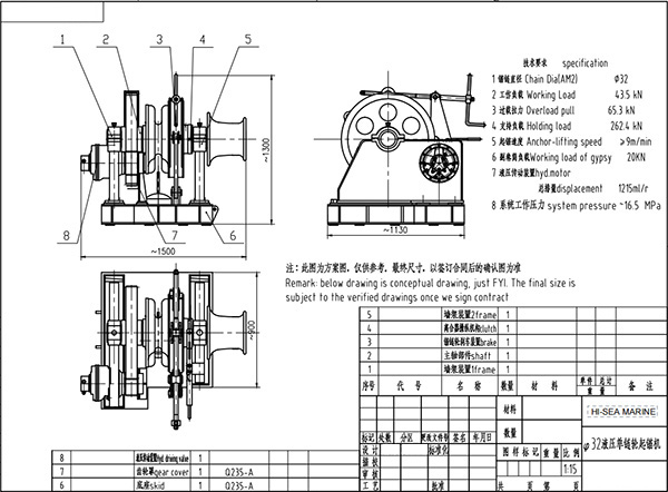 32mm Marine Hydraulic Single Chain Wheel Single Warping Head Windlass